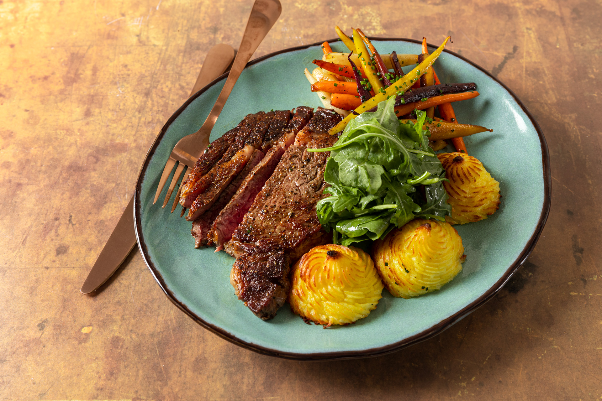 Wagyu Ribeye Steak with Duchess Potatoes & Rainbow Carrots - Nugget ...